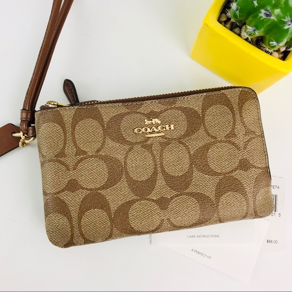 Coach | Bags | Coach Double Zip Brown Monogram Wristlet Wallet | Poshmark